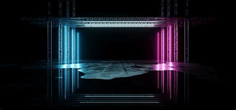 보라색과 파란색 빛나는 네온 튜브 라이트 빈 공간 벽지 배경 3d 렌더링 콘크리트 젖은 바닥에 공상 과학 미래 지향적인 현대 어두운 무대 구조 3차원 형태에 대한 스톡 사진