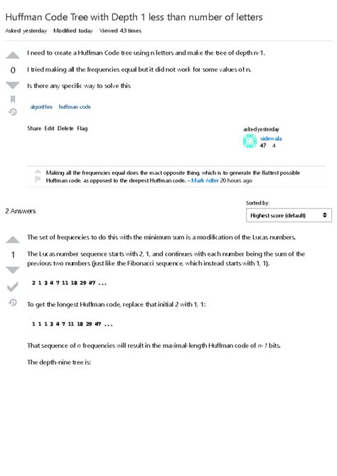 Algorithm Huffman Code Tree With Depth 1 Less Than Number Of Letters Stack Overflow
