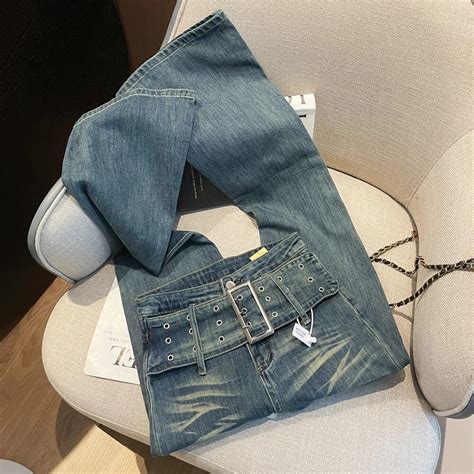 Дамски кльощави дънки с дизайн на колан Винтидж американски стил Ежедневни широки сини панталони