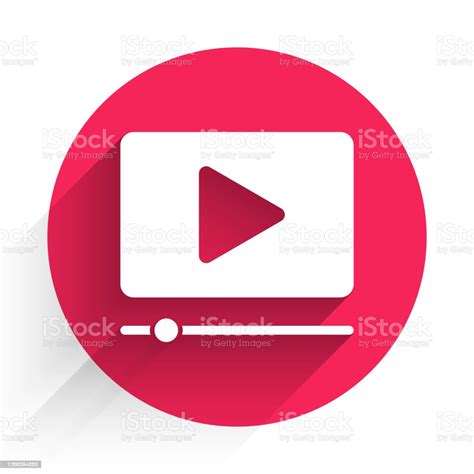 화이트 온라인 긴 그림자로 격리 된 비디오 아이콘을 재생합니다 플레이 사인이있는 필름 스트립 빨간색 원 버튼입니다 벡터 일러스트레이션 영화에 대한 스톡 벡터 아트 및 기타