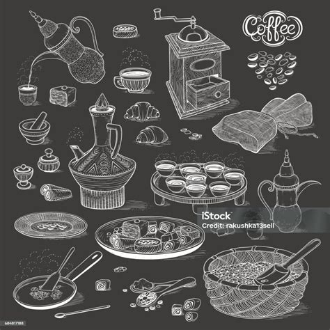벡터 스케치 세트 아랍 컵과 커피 포트 빈티지 커피 분쇄기 동양 과자 볶은 커피 콩 일러스트 는 커피 의식의 흑백 아이템 분필 보드 스타일에 바클라바에 대한 스톡 벡터 아트