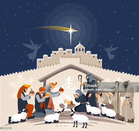 크리스마스 밤 예수의 탄생 세 명의 현자 크리스마스 장면과 목자 성탄화에 대한 스톡 벡터 아트 및 기타 이미지 성탄화 크리스마스 동방 박사 Istock