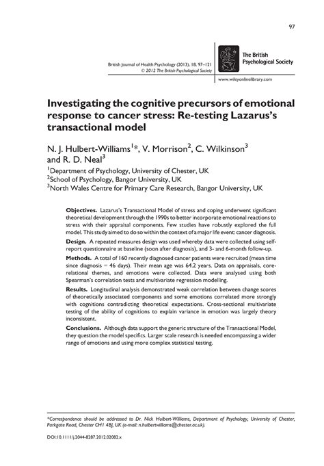 Investigating The Cognitive Precursors Of Emotional British Journal Of Health Psychology 2013