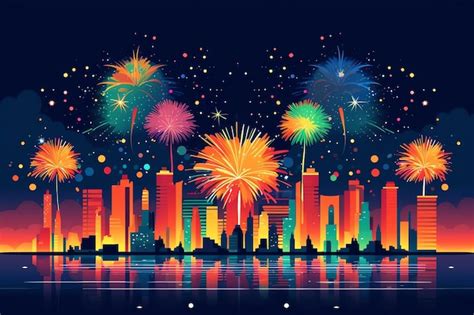 Beautiful Firework Show With Cityscape At Night For Celebration Happy