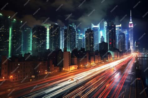 Premium Ai Image Ai Generative A Dynamic Cityscape At Night With Streaks Of Light From Passing