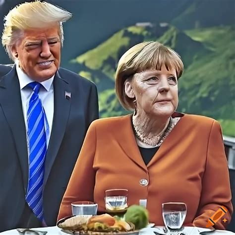Angela Merkel And Donald Trump Dining In Front Of The Alps On Craiyon