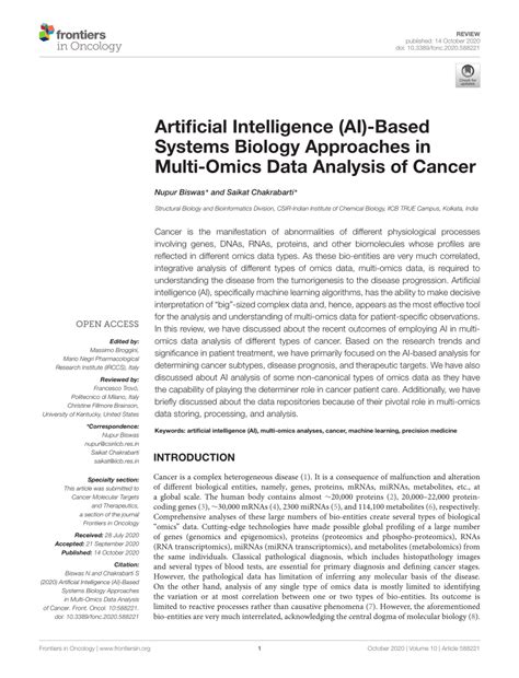 Pdf Artificial Intelligence Ai Based Systems Biology Approaches In Multi Omics Data Analysis