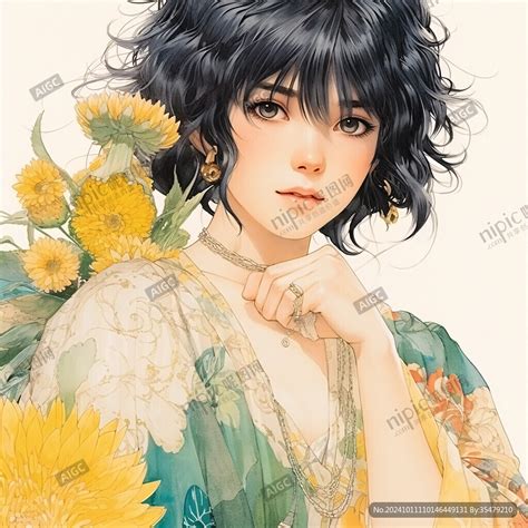 ai创作图手绘向日葵美女 水彩向日葵女孩 日系美女插画 少女与花插画 唯美少女与花系列 手绘菊花美女 日系风格女孩插画 花季少女插画 向日葵