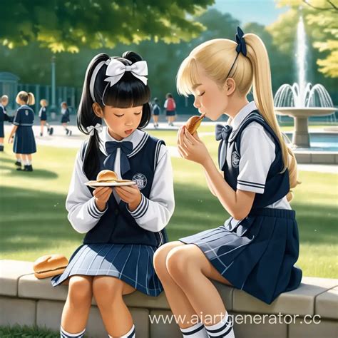 Schoolgirls Enjoying Buns By The Fountain In The Park Ai Art Generator