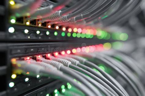 Modern Data Center Server Rack Network Cables Led Indicators Stock