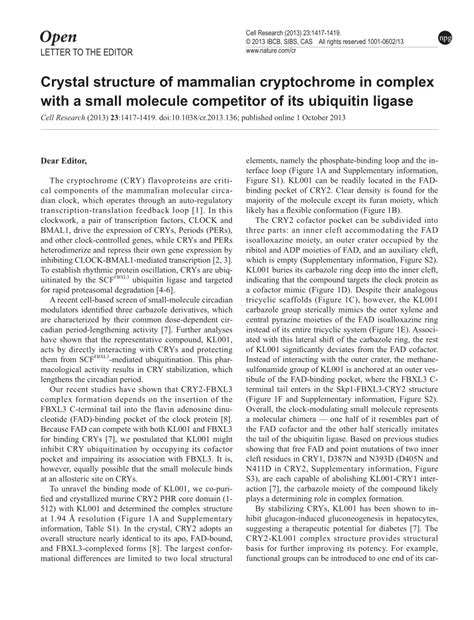 Pdf Crystal Structure Of Mammalian Cryptochrome In Complex With A