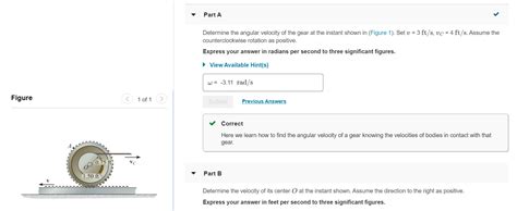 solved part a determine the angular velocity of the gear at