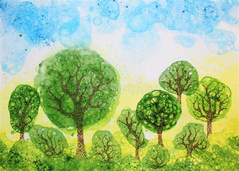 Simple Stylized Watercolor Painted Landscape Stock Illustration