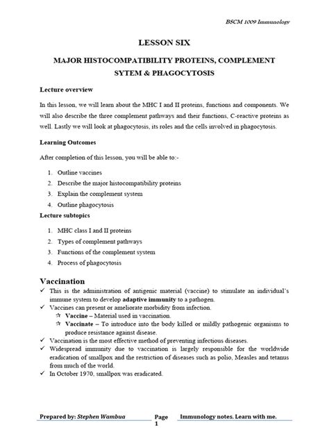 Lesson 6 Mhc Classes Complement Phagocytosis Pdf Complement System Vaccines