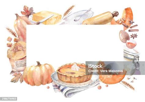 수채화 호박 파이 프레임입니다 베이킹 재료 손으로 그린 음식 그림입니다 가을에 대한 스톡 벡터 아트 및 기타 이미지 가을 가을 단풍 거품기 Istock