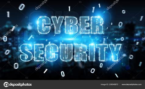 Cyber Security Text Hologram Blue City Background Rendering — Stock