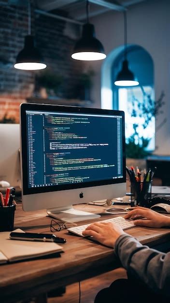 software development workplace in bright office with wooden table programming coding code on