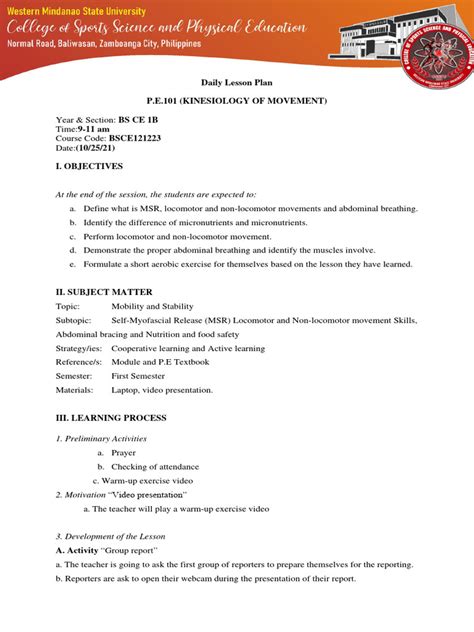 Pe101 Sample Lesson Plan 4as Pdf Behavior Modification Learning