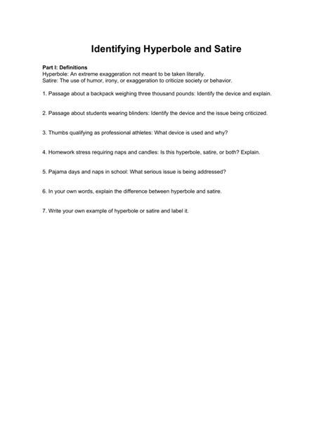 Hyperbole And Satire Worksheet