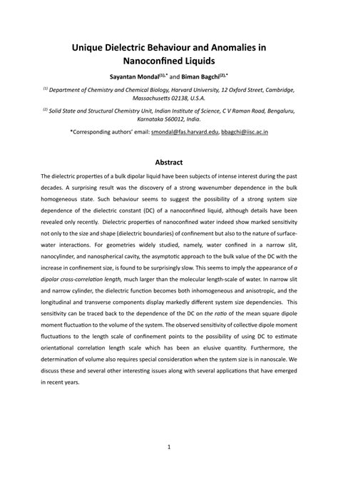 Pdf Unique Dielectric Behaviour And Anomalies In Nanoconfined Liquids