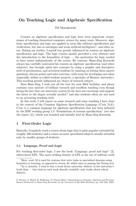 PDF On Teaching Logic And Algebraic Specification