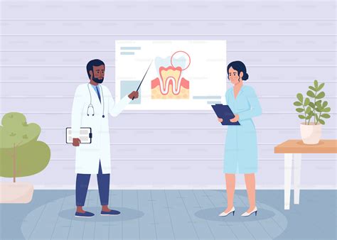의료 회의에 참석한 치과의사들은 플랫 컬러 벡터 일러스트레이션을 선보인다 혁신적인 치료법 발표 치과 치료 배경에 치아 이미지가 있는 완전히 편집 가능한 2d 간단한