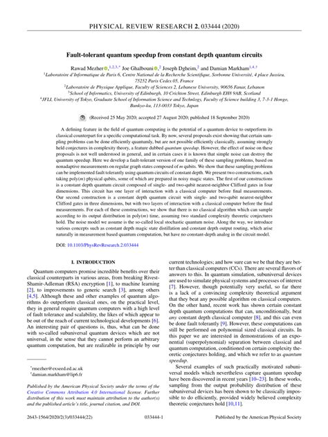 Pdf Fault Tolerant Quantum Speedup From Constant Depth Quantum Circuits