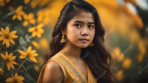 Premium Ai Image A Girl In A Yellow Dress Stands In Front Of A