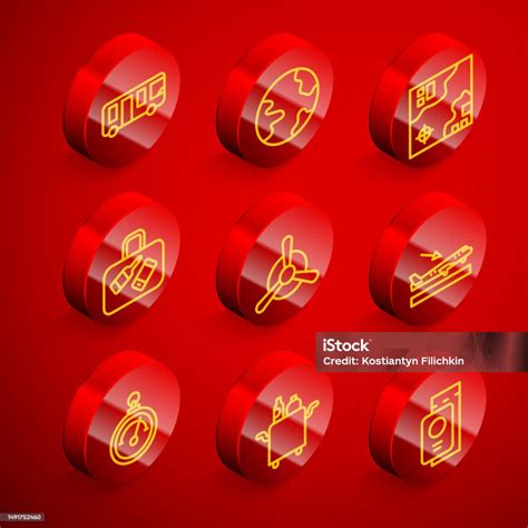 라인 공항 버스 전 세계 여행지도 여행 가방 비행기 프로펠러 착륙 기압계 및 트롤리를 음식 아이콘으로 설정하십시오 벡터 3차원