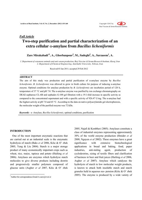 Pdf Two Step Purification And Partial Characterization Of An Extra Cellular α Amylase From