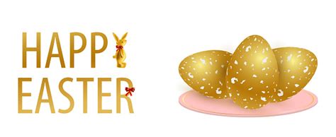 휴일 배너 해피 부활절 목에 빨간 활부활절 황금 토끼 분홍색 접시에 금 계란 축제 장식 수평 포스터입니다 현실적인 축제 개체 3d와 디자인 흰색 배경입니다 벡터 계절에 대한
