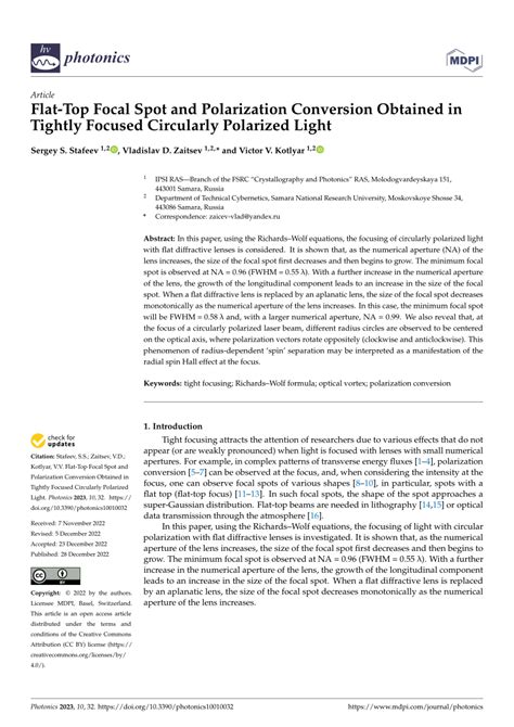 Pdf Flat Top Focal Spot And Polarization Conversion Obtained In Tightly Focused Circularly