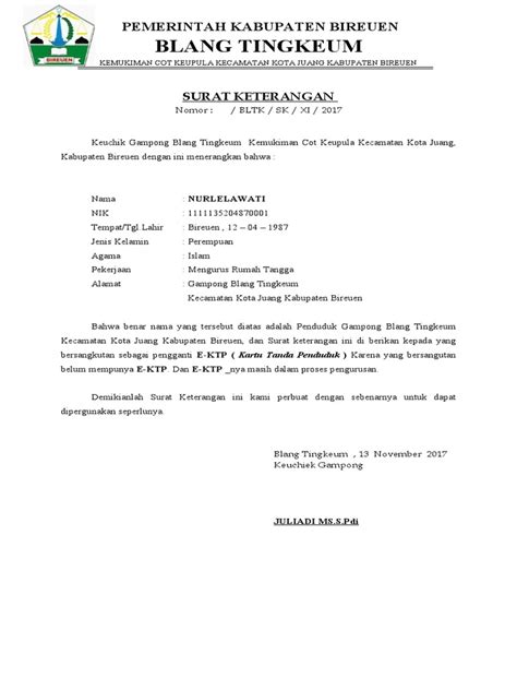Surat Keterangan Ktp Blang Tingkeum Pdf