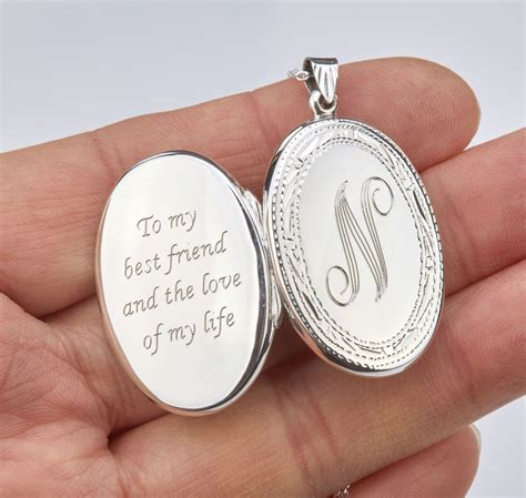 Large Engraved Oval Sterling Silver Locket With Photoetched Decorative