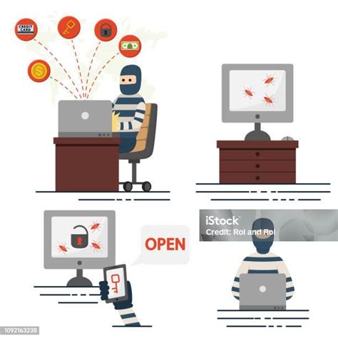 해커와 사이버 범죄 벡터 아이콘 흰색 배경에 고립의 세트 랜섬웨어에 대한 스톡 벡터 아트 및 기타 이미지 랜섬웨어 아이콘 세트 남자 Istock