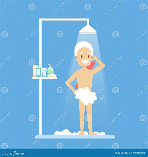 Old Man Take Shower In The Bathroom Stock Vector Illustration Of