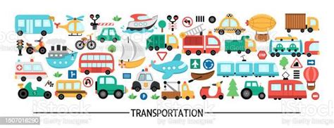 벡터 운송 수평 운송은 다양한 종류의 운송으로 설정됩니다 도로 여행 카드 템플릿 또는 배너 초대장에 대한 프레임 디자인 버스 자동차 보트 트럭 자전거 비행기 기차가 있는