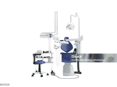 치과 장비 치과 블루 앞에 대 한 안락의 자 및 침대 옆 테이블 도구 흰색 배경에 3d 렌더링 그림자 의자에 대한 스톡 사진 및 기타 이미지 Istock