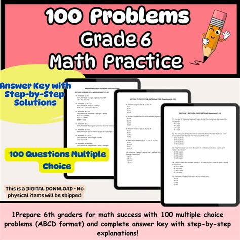100 Grade 6 Math Problems Answer Key With Explanations Abcd Format