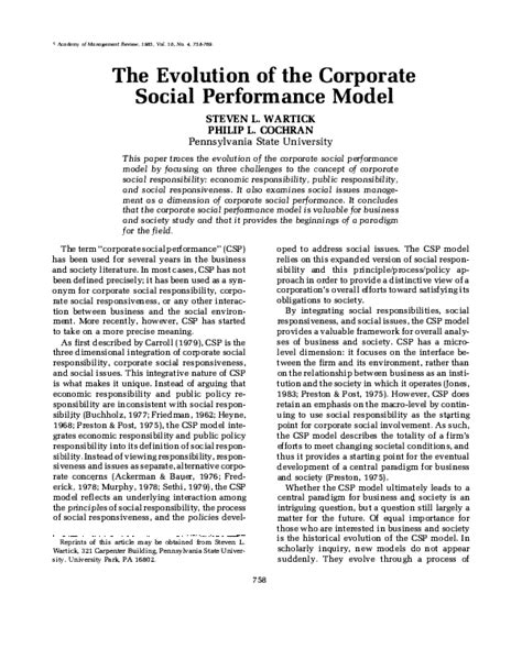Pdf The Evolution Of The Corporate Social Performance Model