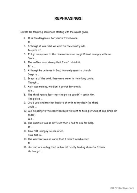 Rephrasings Sentence Transformation… English Esl Worksheets Pdf And Doc