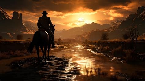 Vaquero Cabalgando Hacia El Atardecer Occidental Foto Premium