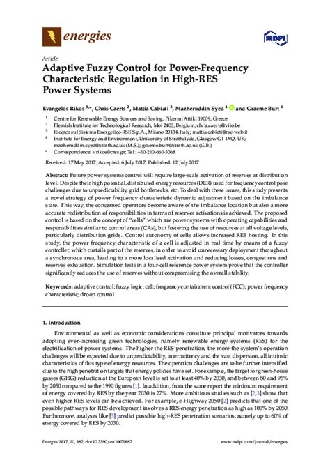 Pdf Adaptive Fuzzy Control For Power Frequency Characteristic Regulation In High Res Power Systems