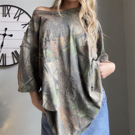 Oversized Off Shoulder Vintage Camo Tee • Size 2x • Depop