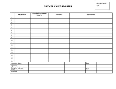 Critical Valve Register Pdf