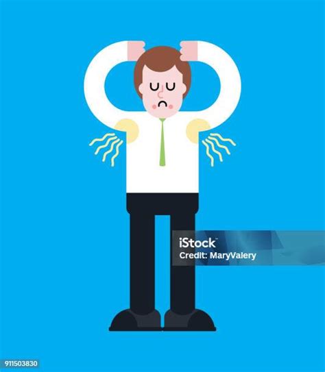 땀의 냄새입니다 냄새 나는 겨드랑이 악취 남자 가까운 코입니다 남자는 스텁 벡터 일러스트 레이 션 겨드랑이에 대한 스톡 벡터