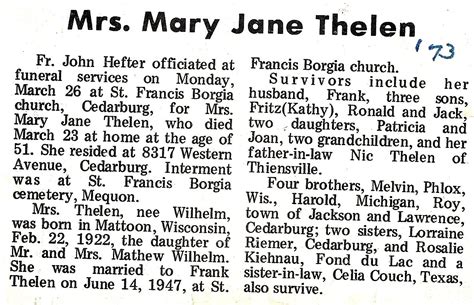 Mary Jane Wilhelm Thelen 1922 1973 Find A Grave Memorial