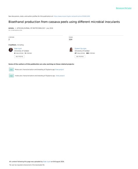 Pdf Bioethanol Production From Cassava Peels Using Different Microbial Inoculants