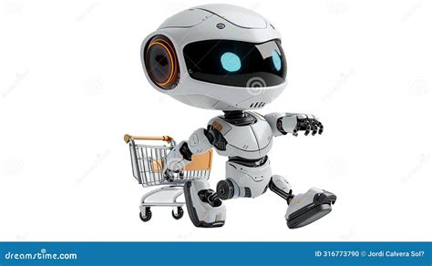 Small Humanoid Assistant Robot Running With Shopping Cart On A