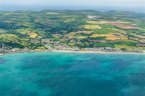 Pemandangan Udara Ke Garis Pantai Cornish Antara Penzance Dan Marazion Foto Stok Unduh Gambar